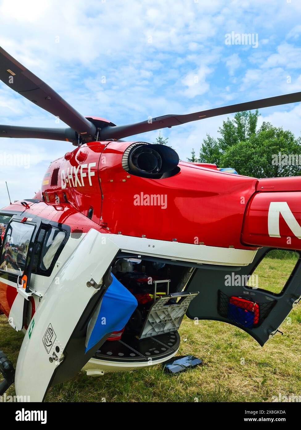 Kiel, Germany - 24.May 2024: View of a stationary red helicopter of the ...