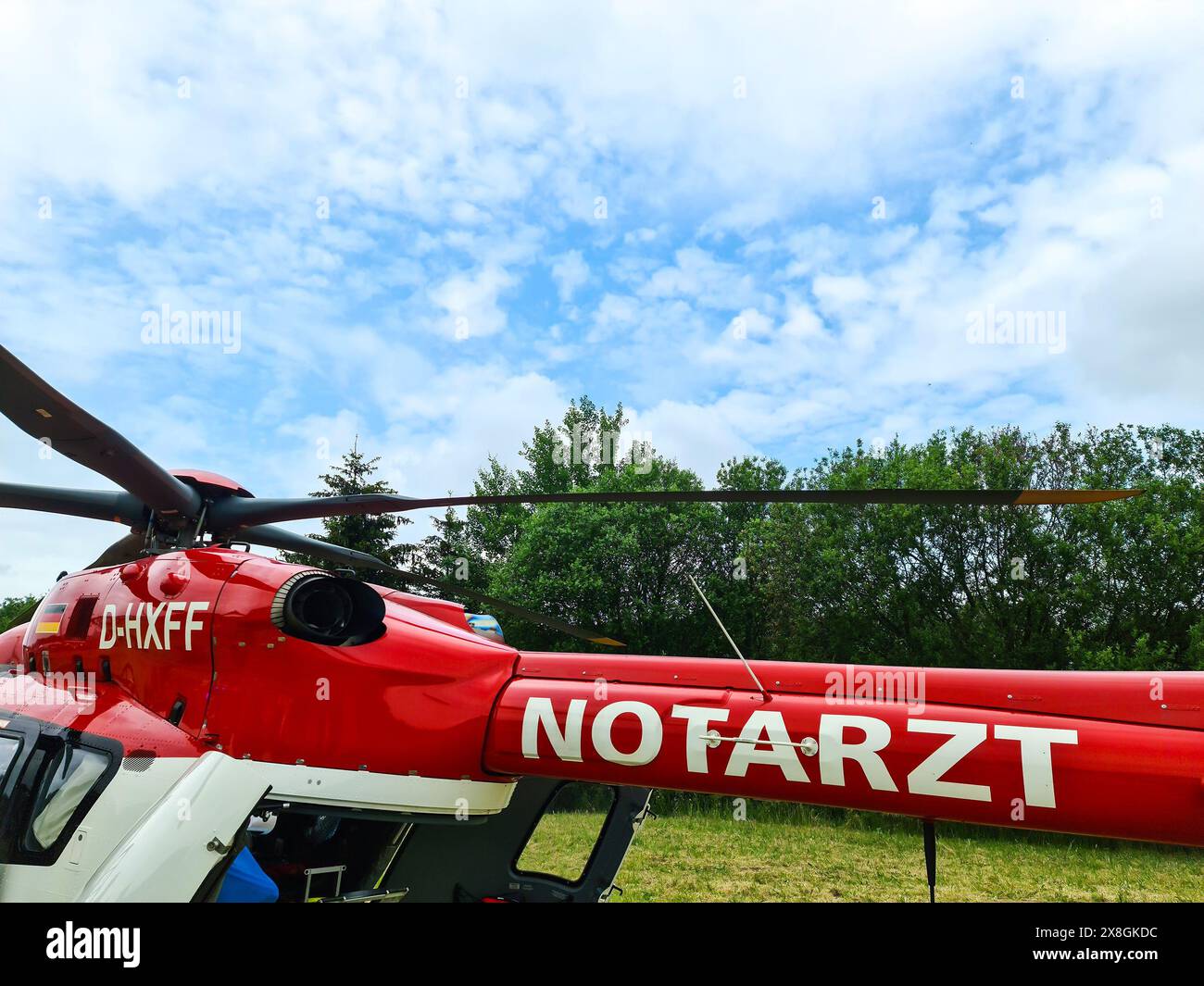 Kiel, Germany - 24.May 2024: View of a stationary red helicopter of the ...