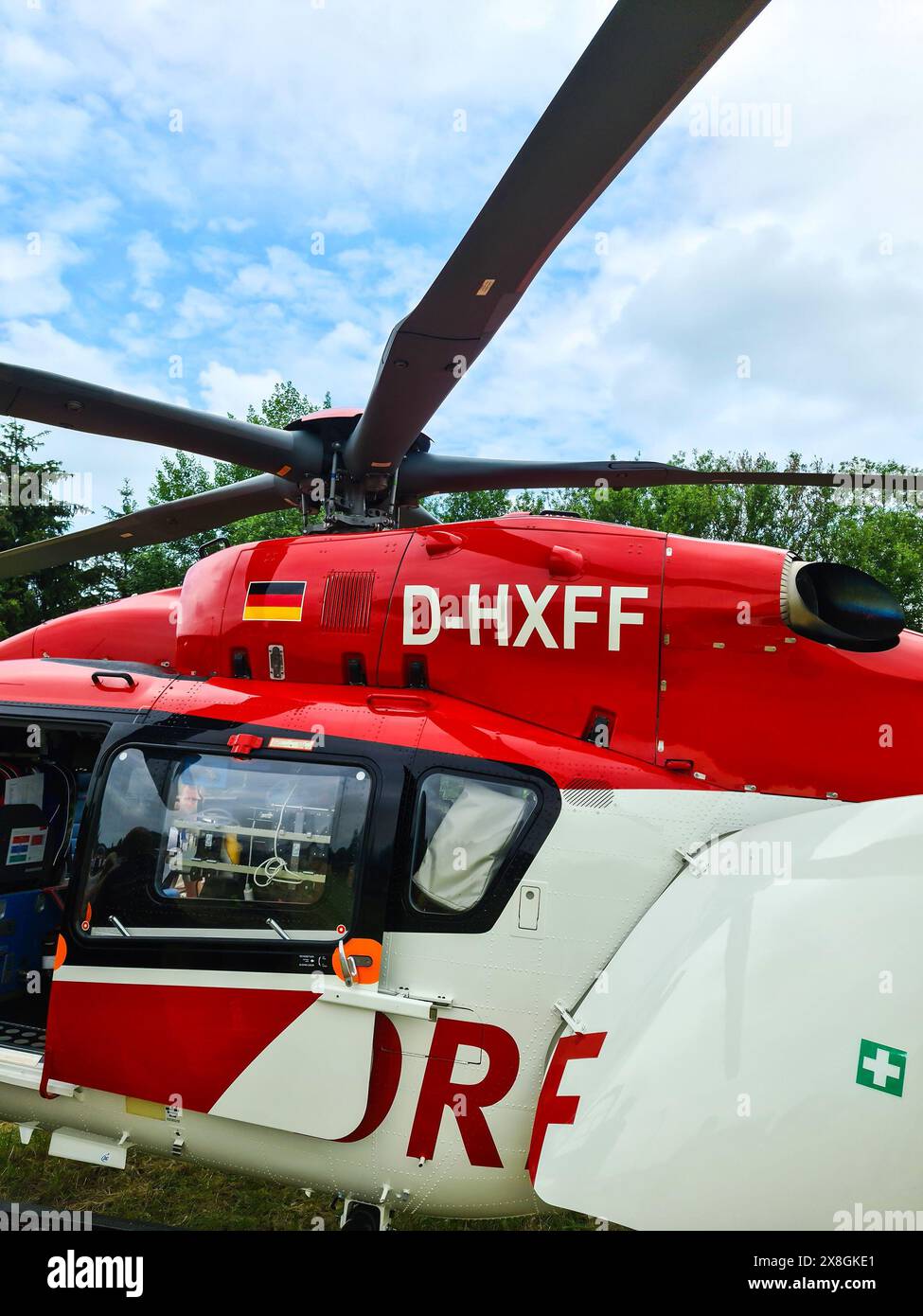 Kiel, Germany - 24.May 2024: View of a stationary red helicopter of the ...