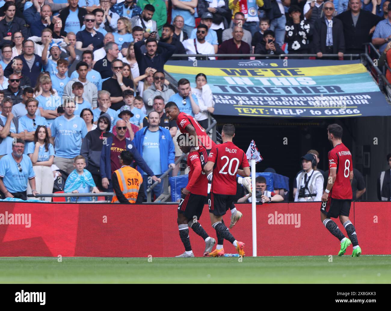 London, UK. 25th May, 2024. Marcus Rashford (MU) congratulates the ...