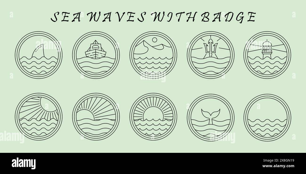 set of ocean logo line art vector minimalist design, ocean landscape ...