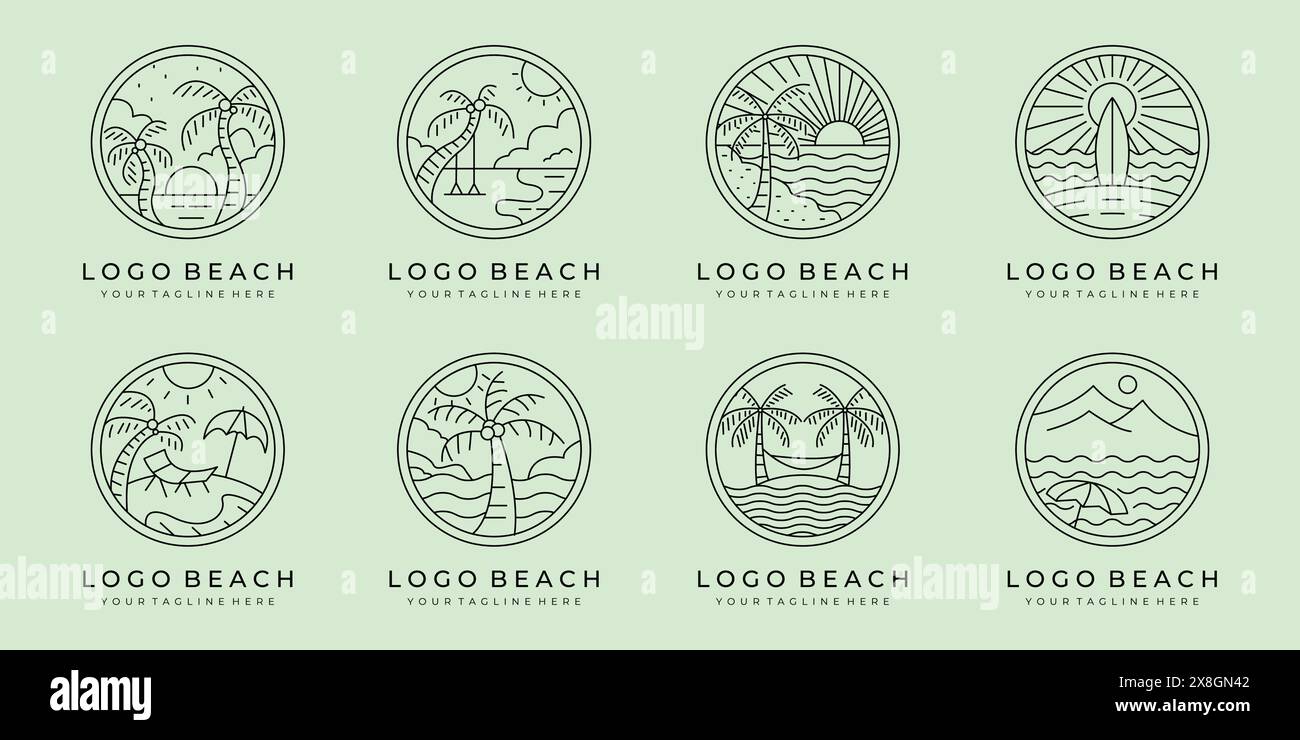 set of line art beach icon logo vector illustration design, ocean ...