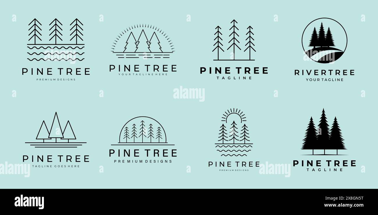 set simple tree line nature logo vector illustration design art minimal ...