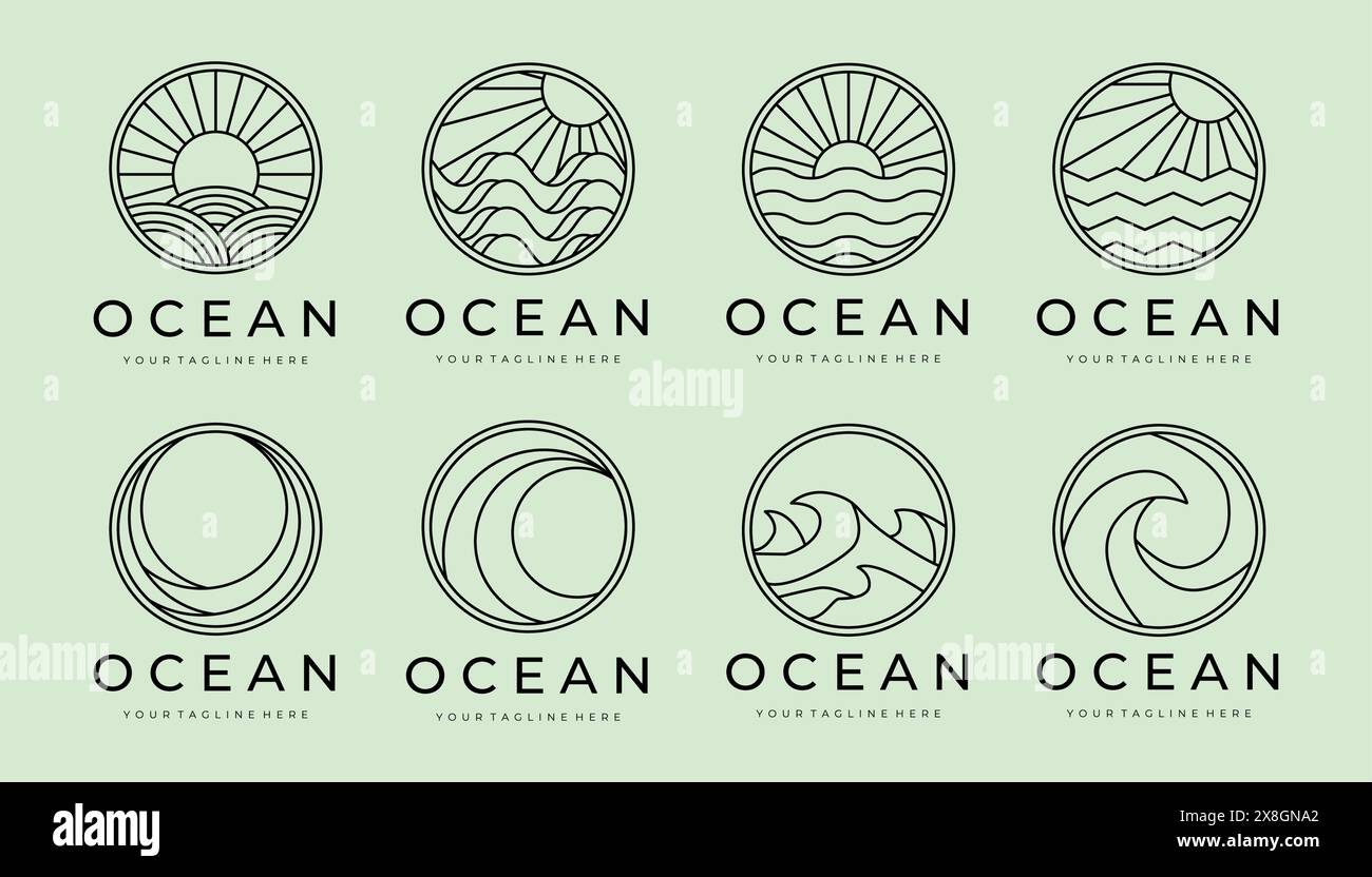 set of ocean waves minimalist line art logo vector illustration ...