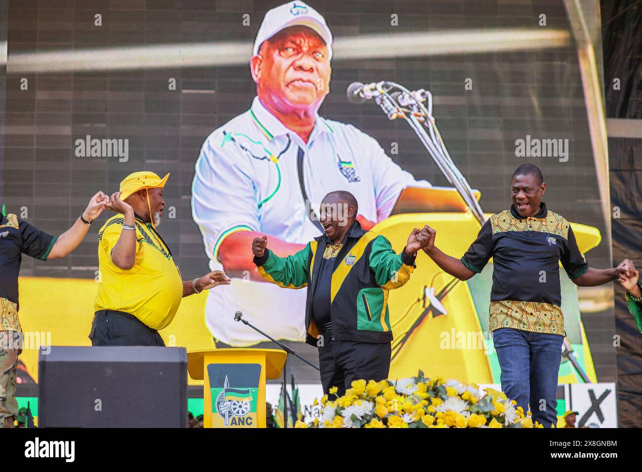 ANC secretary-general Gwede Mantashe, President Cyril Ramaphosa and ANC Treasurer General Paul ...