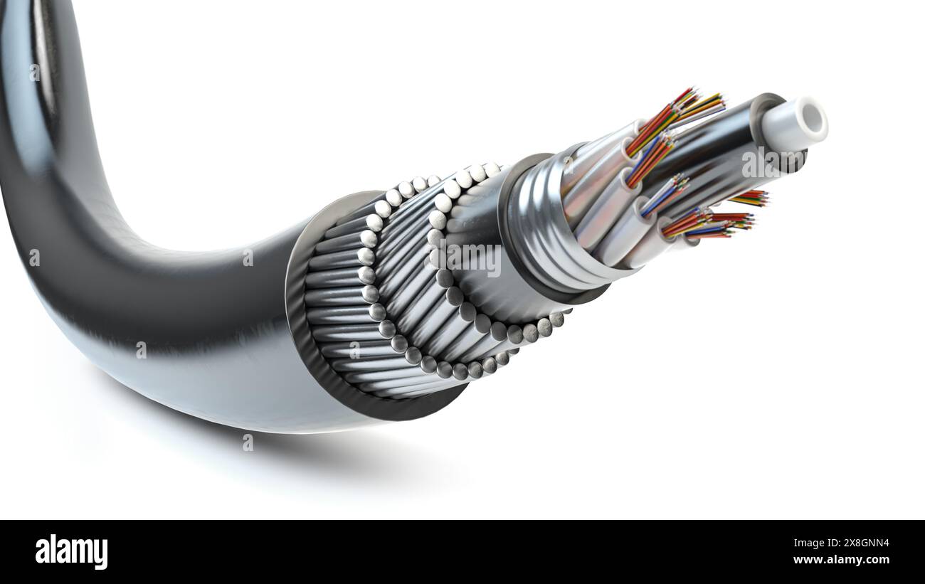 Armoured submarine fiber optic cable structure isolated on white ...