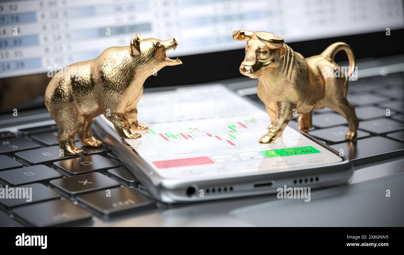 Golden bull and bear as symbols of stock market on a smartphone with ...