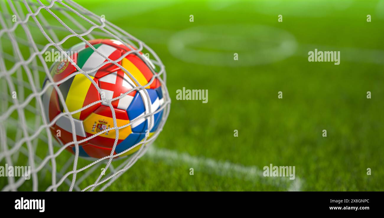 Football ball with flags of european countries in the net of goal of ...