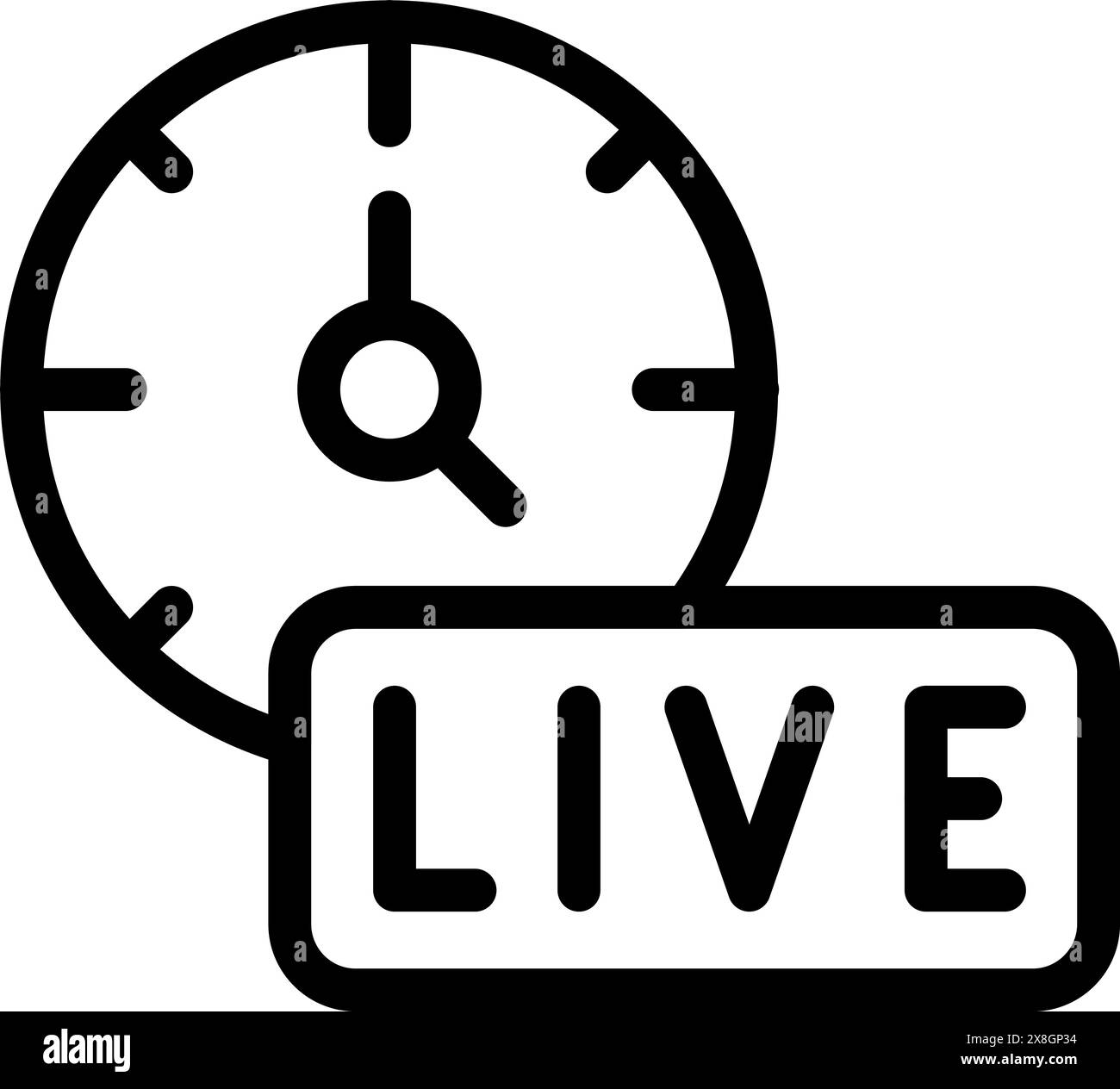 Flat line icon featuring a clock and 'live' sign, representing realtime ... Flat line icon featuring a clock and 'live' sign, representing realtime ...