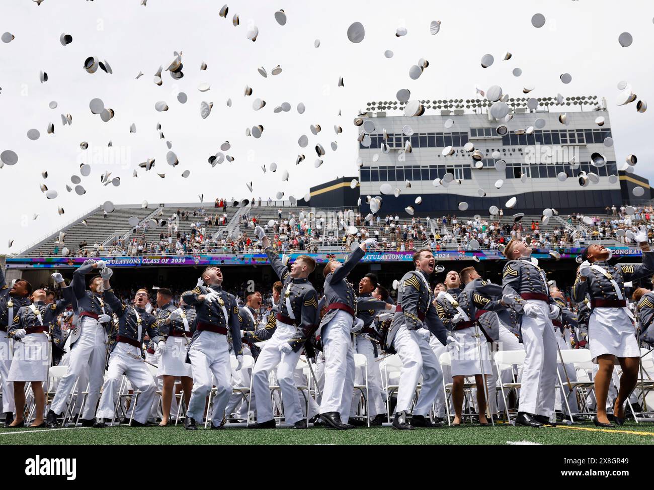 West Point, United States. 25th May, 2024. Cadets celebrate with a the ...