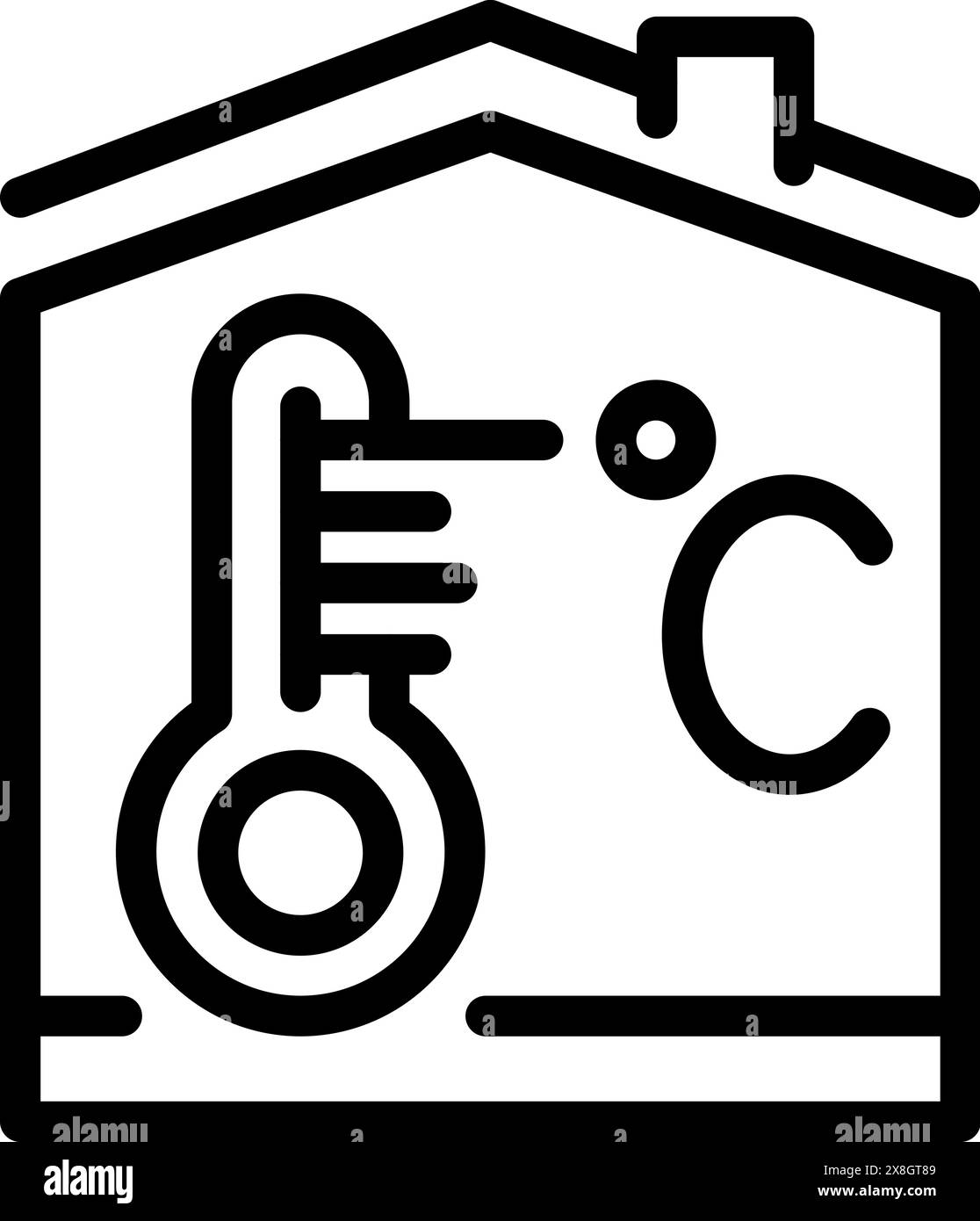 Black and white line icon depicting a thermometer inside a house with a ...