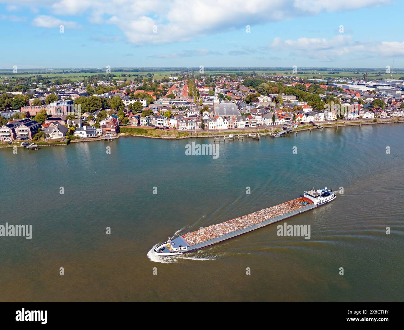 Aerial from the traditional town Lekkerkerk at the river Lek in the ...