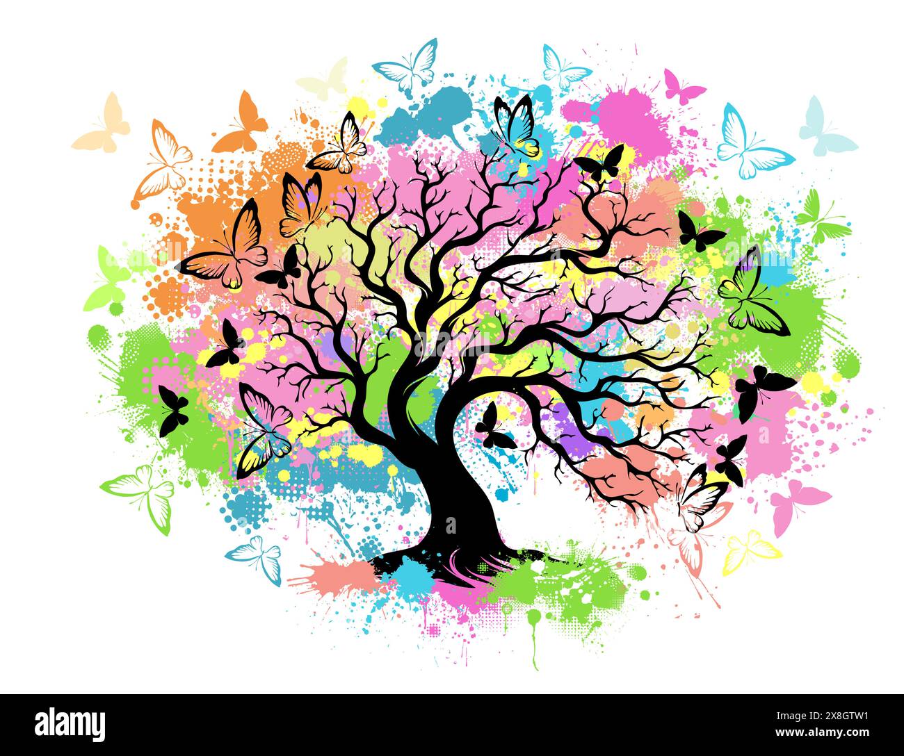 Tree with colored butterflies . hand drawing. Not AI, Vector ...