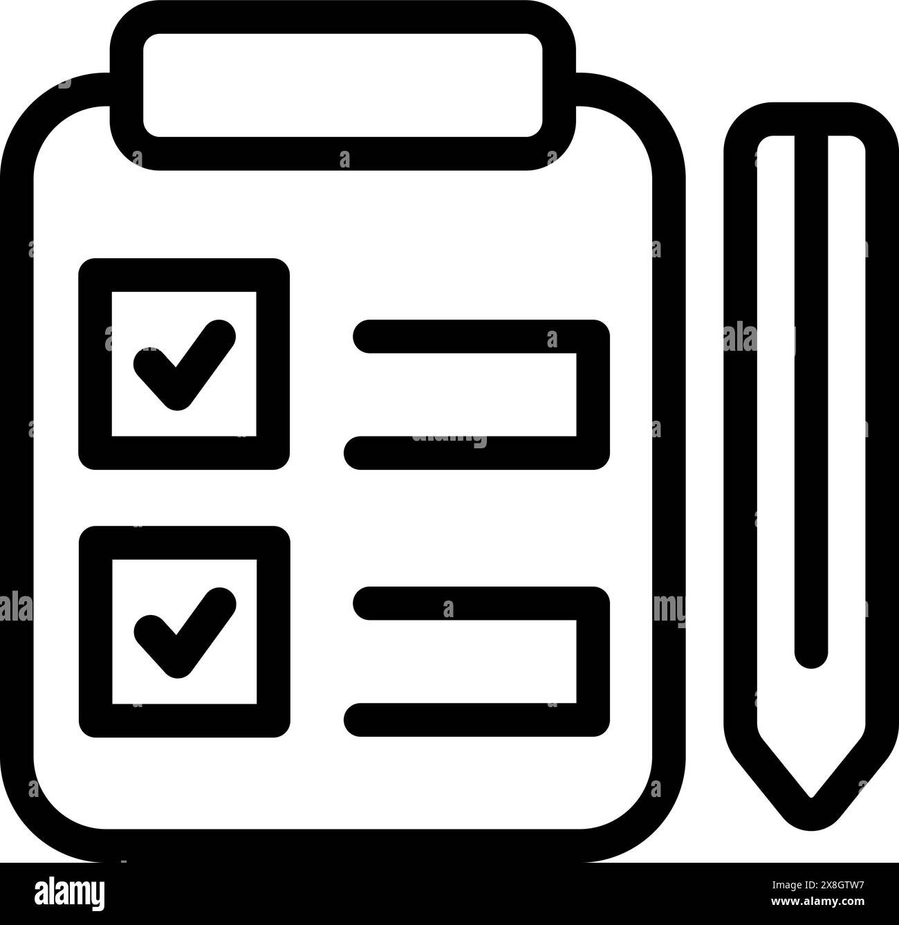 Simple line art illustration of a checklist clipboard icon and a pencil ...