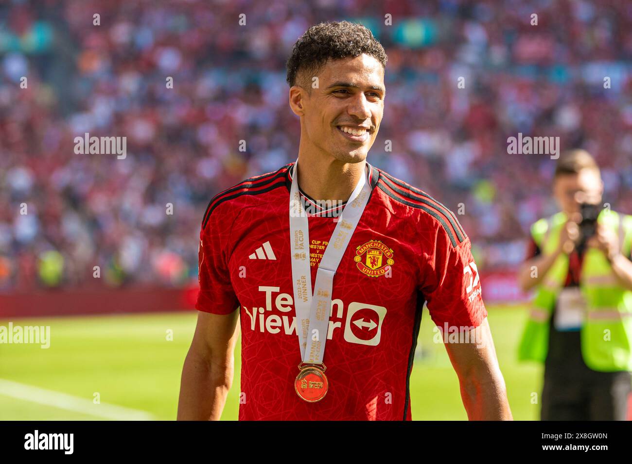 London, UK. 25th May, 2024. Raphael Varane of Man Utd with medal after ...