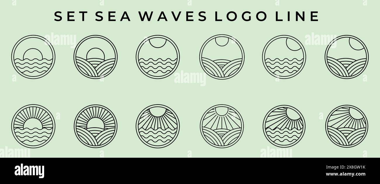 set of ocean waves minimalist line art logo vector illustration ...