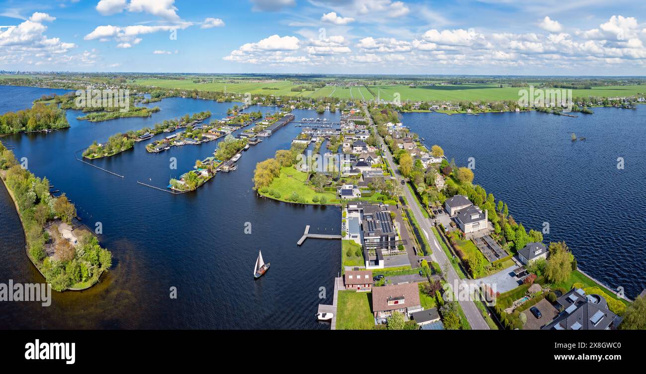 Aerial panorama from the village Vinkeveen at the Vinkeveense Plassen ...