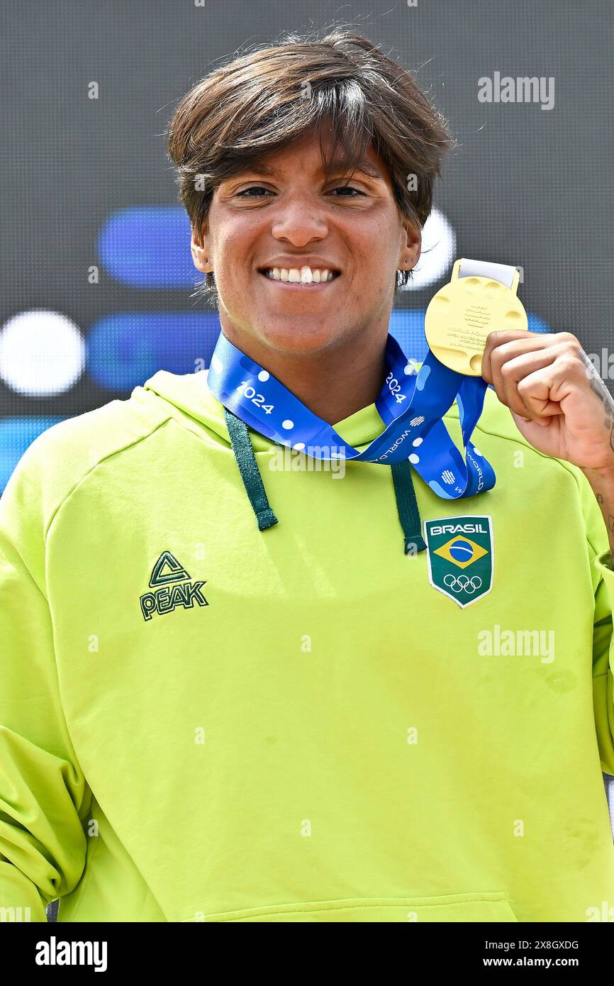 Ana Marcela Cunha of Brazil shows the gold medal after the Women's 10 ...