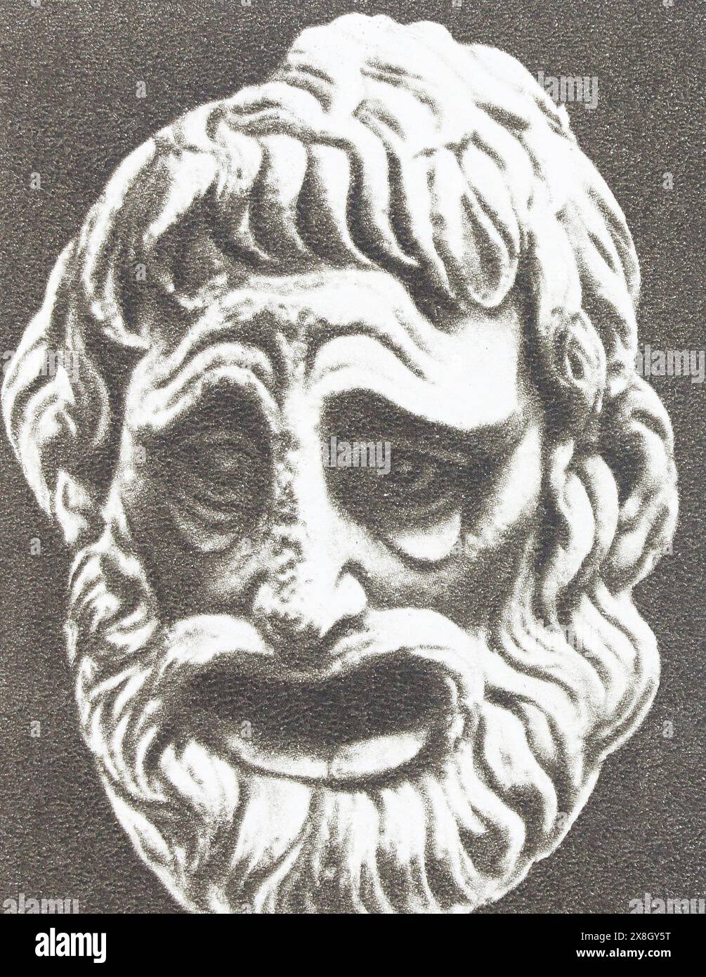 Ancient Greek theatrical tragic mask. Photography from the mid-20th ...