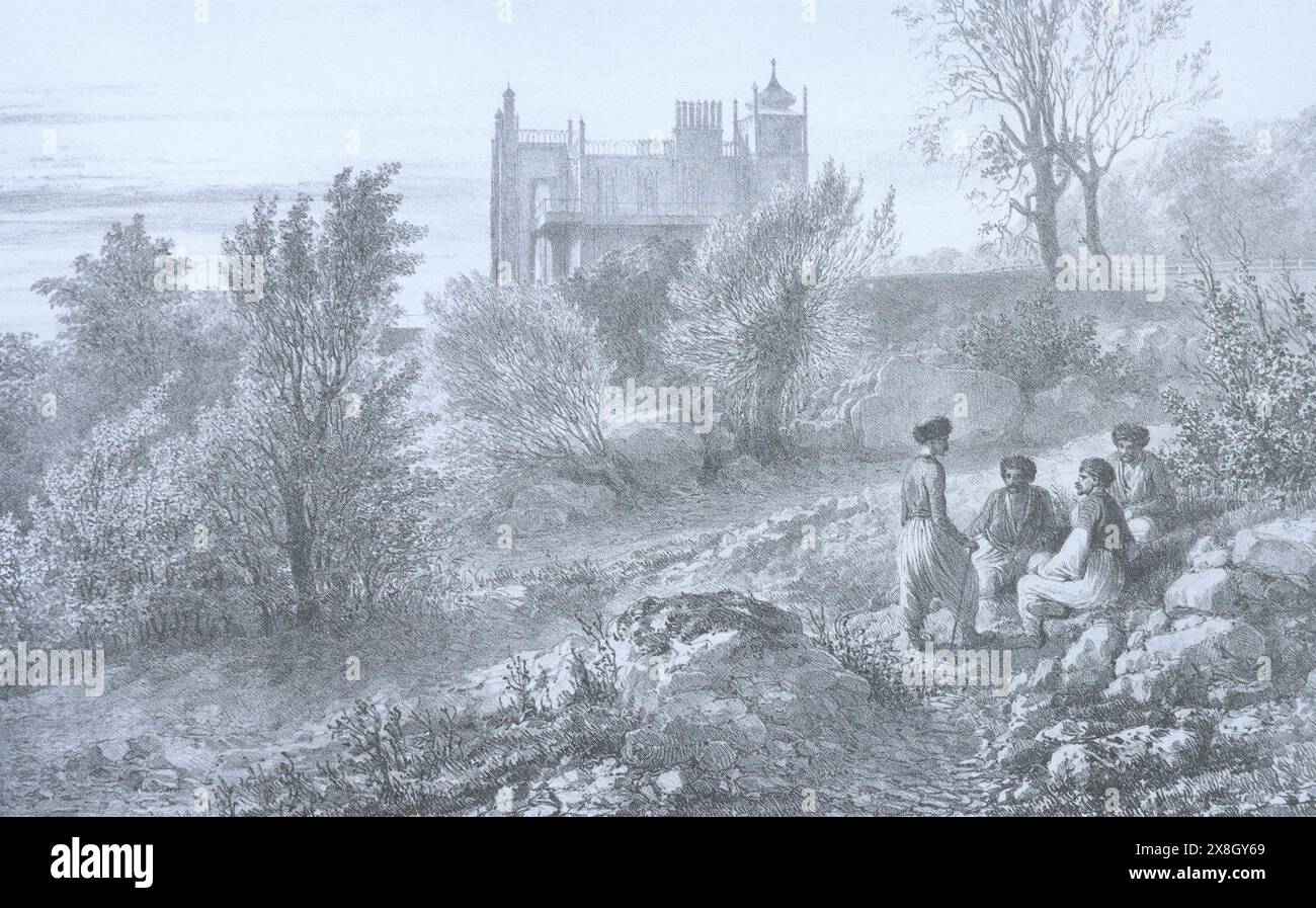 Palace of Prince Vorontsov in Alupka in Crimea. Engraving by Auguste ...