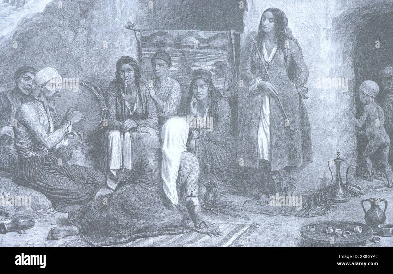 Gypsy dwelling in the mountains near Bakhchisaray. Engraving by Auguste ...