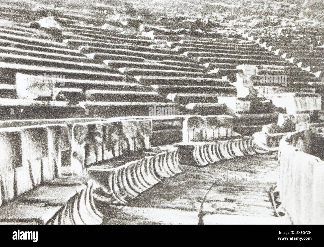 Stone seats in an ancient Greek amphitheater. Photography from the mid ...