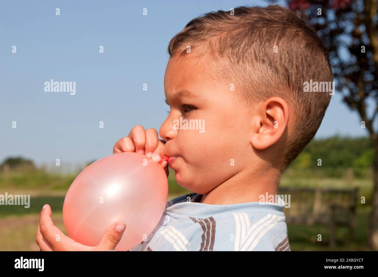 little boy inflating pink balloon Stock Photo - Alamy