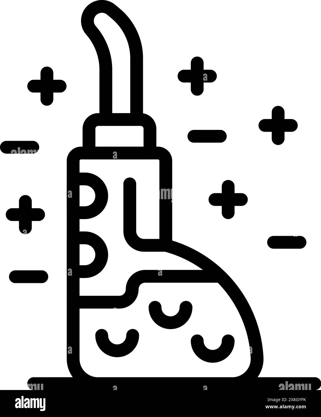 Line art icon depicting a laboratory flask with a bubbling liquid and ...