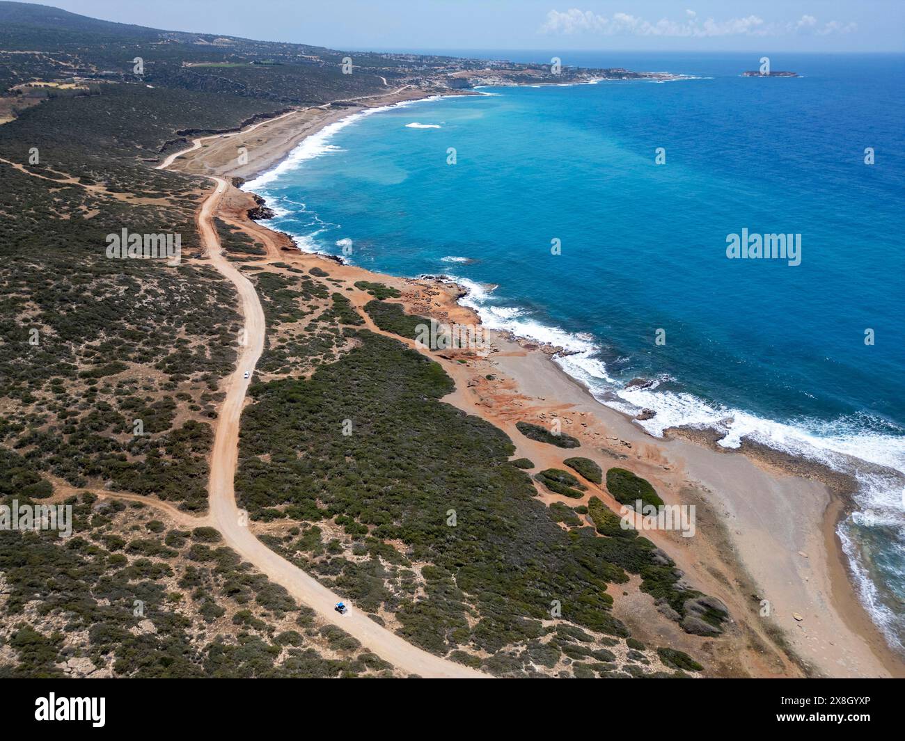 Aerial drone view of the road to the Akamas Peninsula and Akamas nature ...