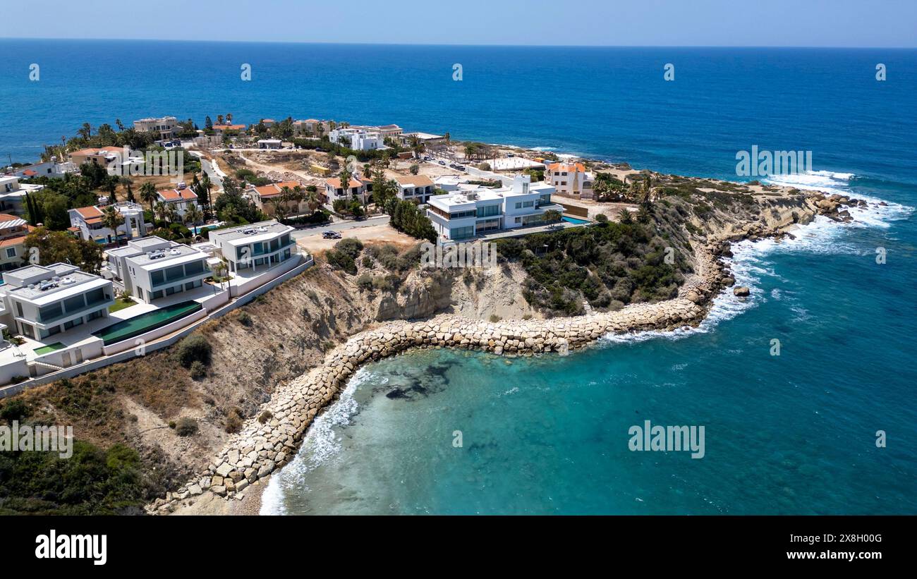 Aerial drone view of sea front villas, Coral Bay, Peyia municipality ...