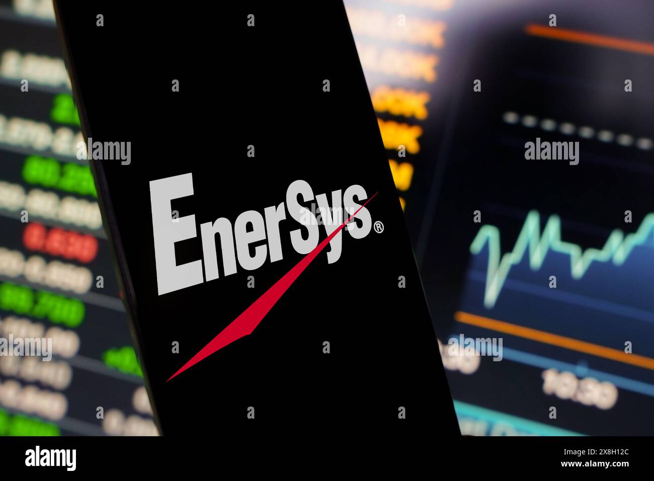 In this photo illustration, the EnerSys logo is displayed on a ...
