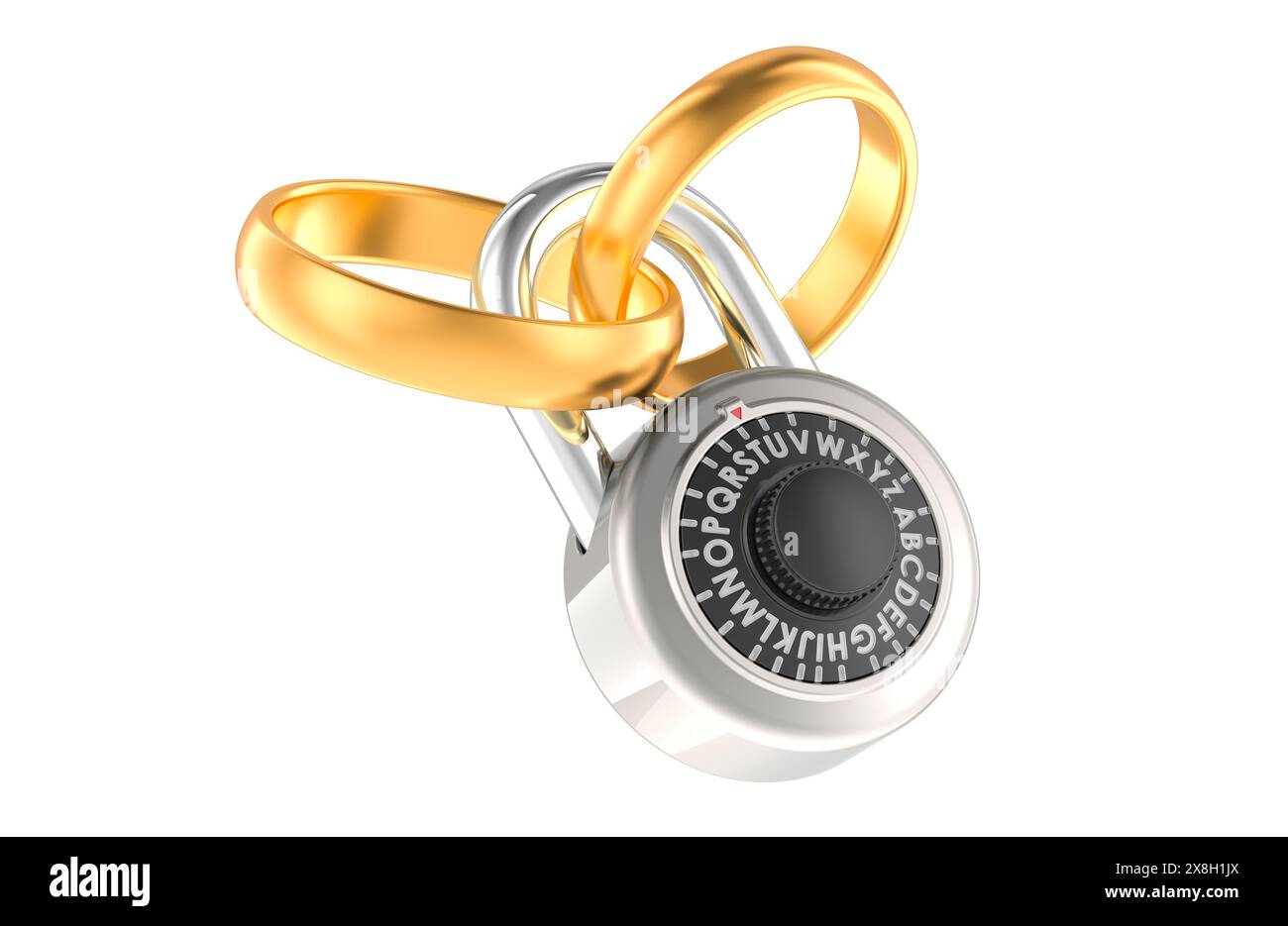Golden wedding rings with combination padlock. 3D rendering isolated on ...