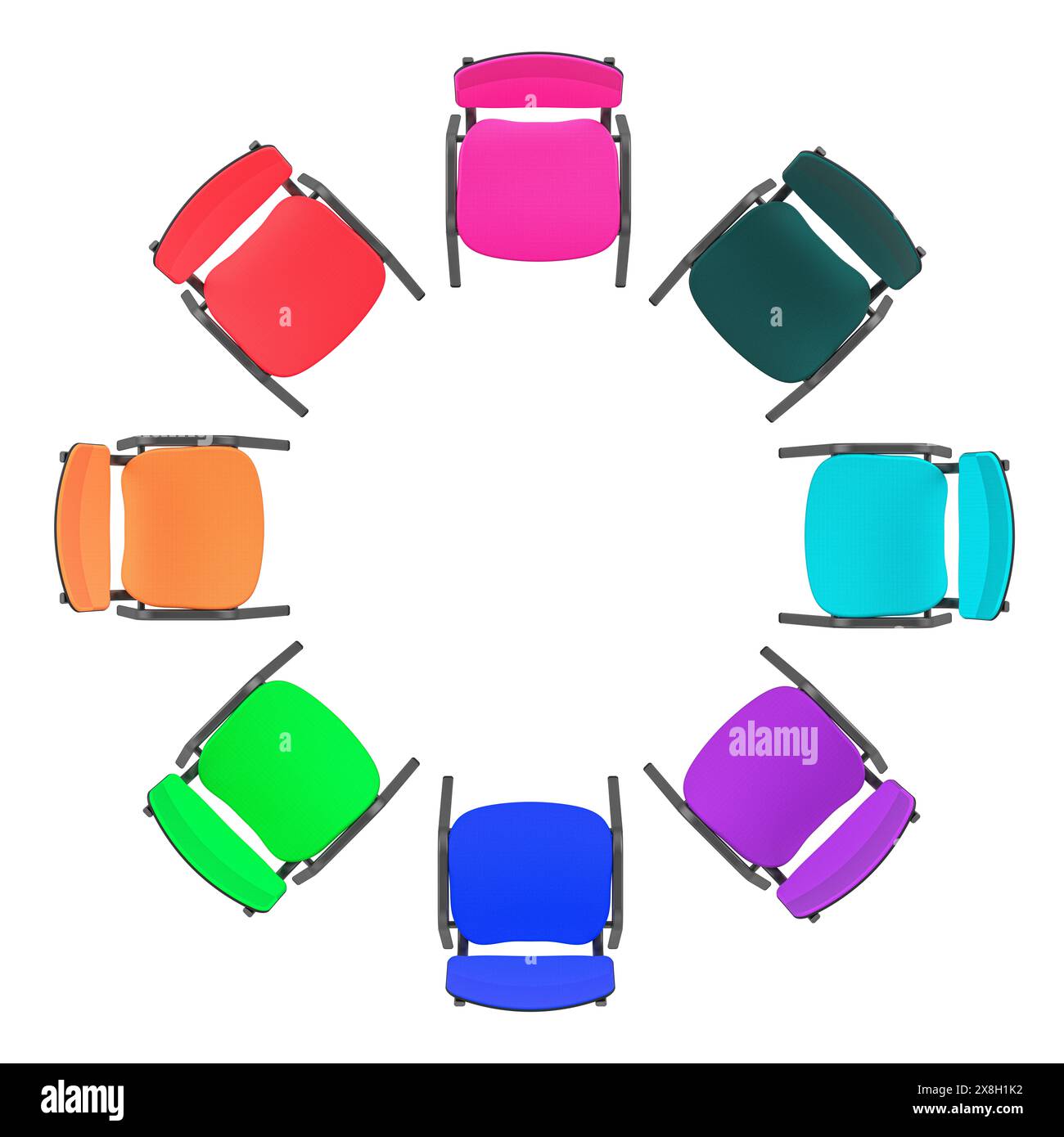 Colored Chairs Circle, top view. 3D rendering isolated on white ...