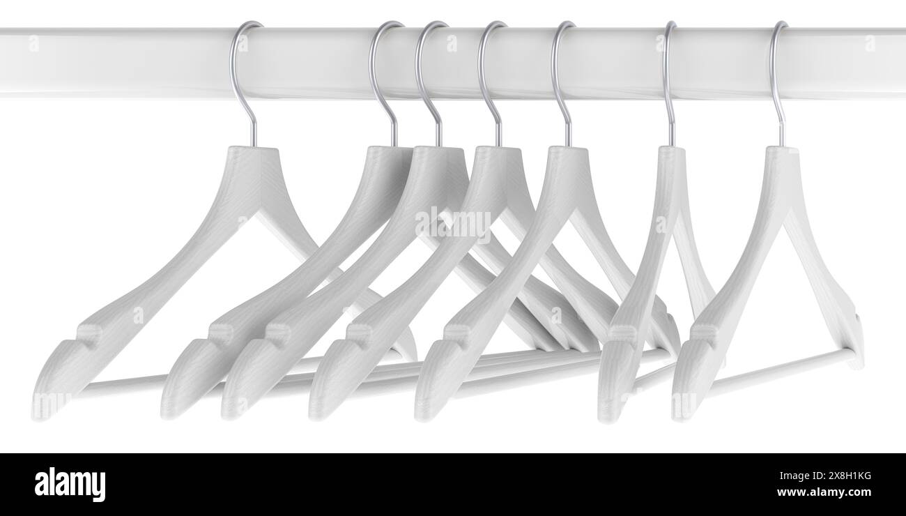 Empty Hangers on metallic clothing rack, 3D rendering isolated on white ...