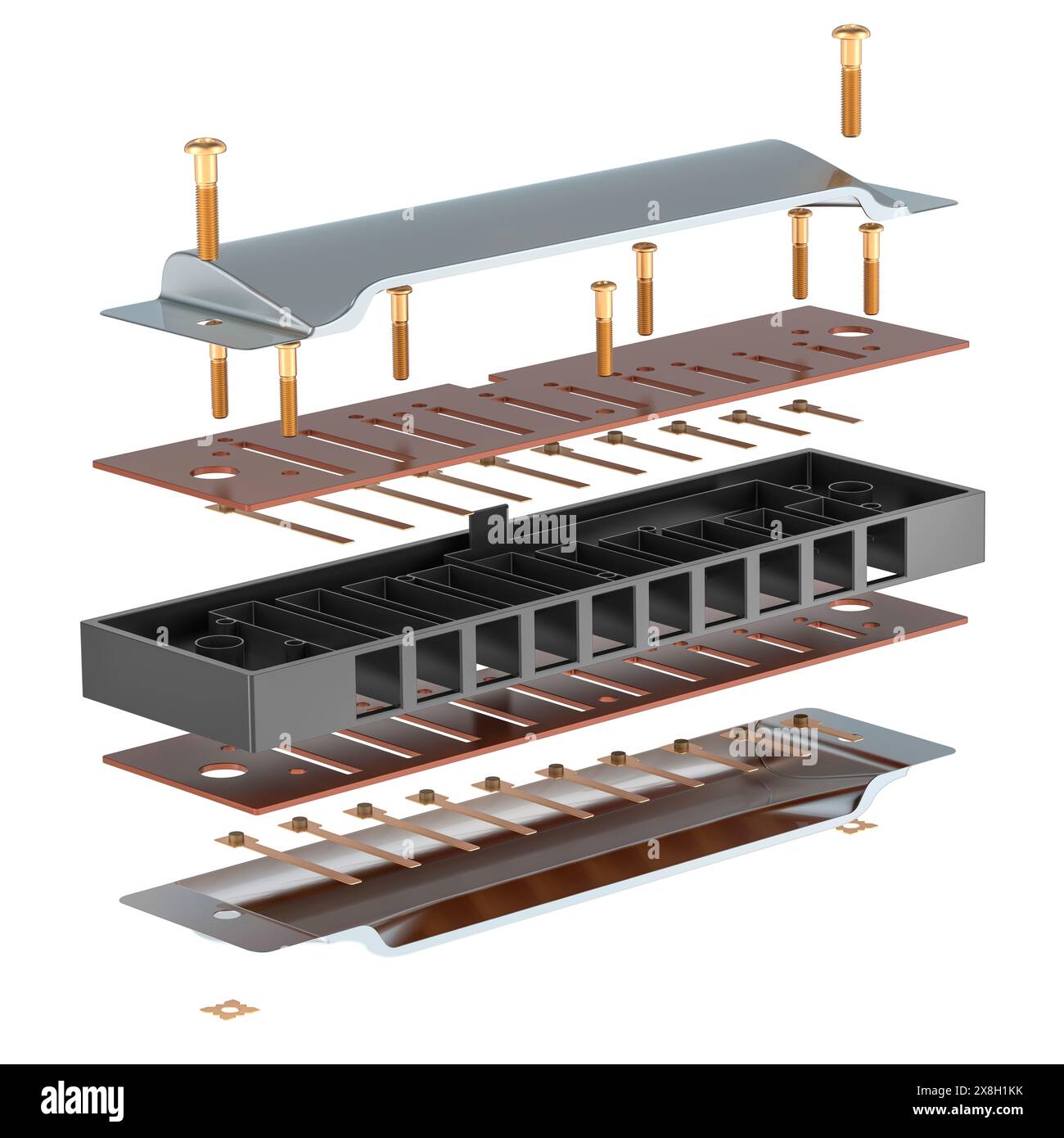 Parts of a Harmonica, disassembled blues harmonica. 3D rendering ...