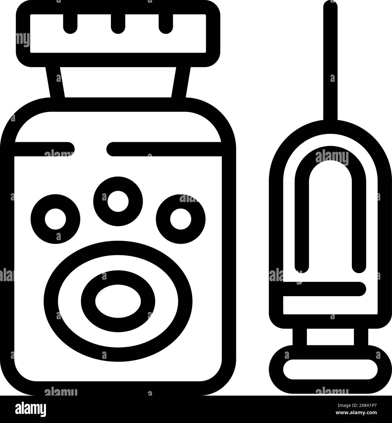 Black and white line art of a vaccine bottle and injection syringe ...