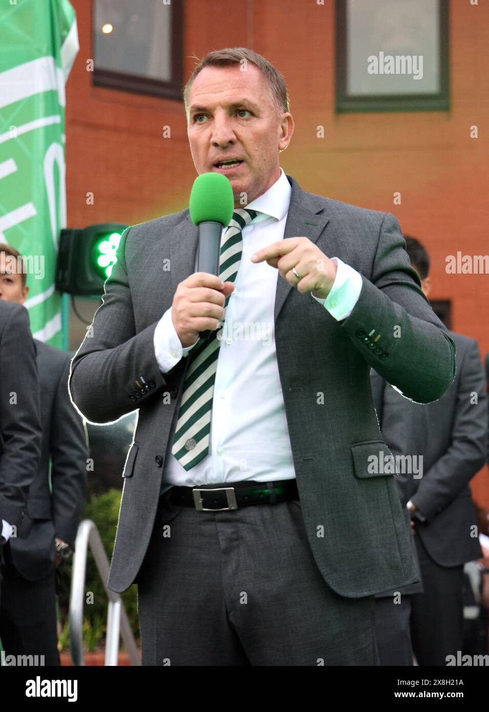 Celtic manager Brendan Rodgers speaks to the fans during a trophy ...