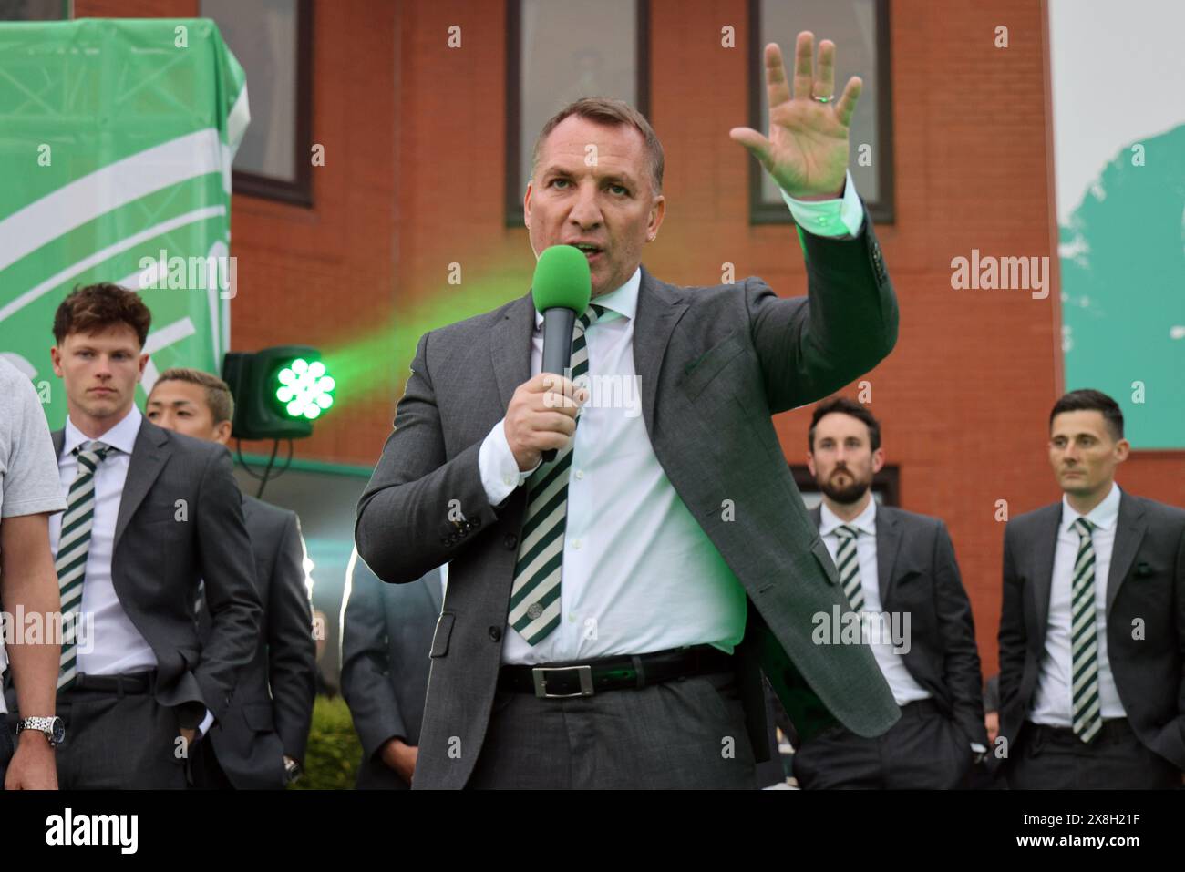 Celtic manager Brendan Rodgers speaks to the fans during a trophy ...