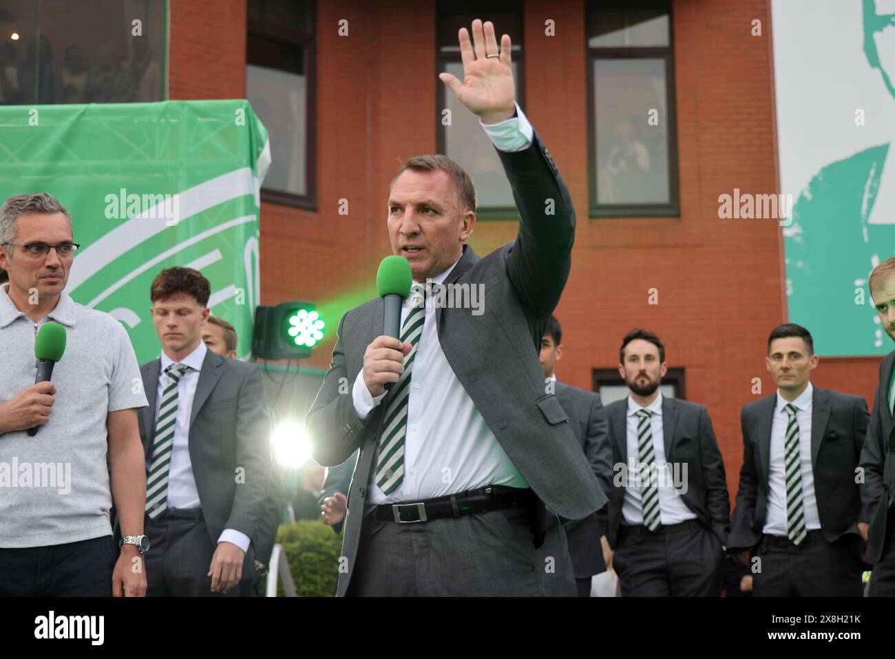 Celtic manager Brendan Rodgers speaks to the fans during a trophy ...