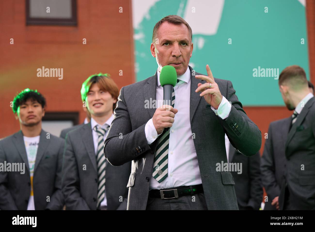 Celtic manager Brendan Rodgers speaks to the fans during a trophy ...