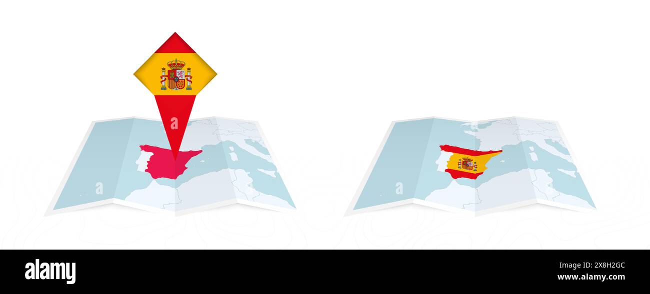 Two versions of an Spain folded map, one with a pinned country flag and ...