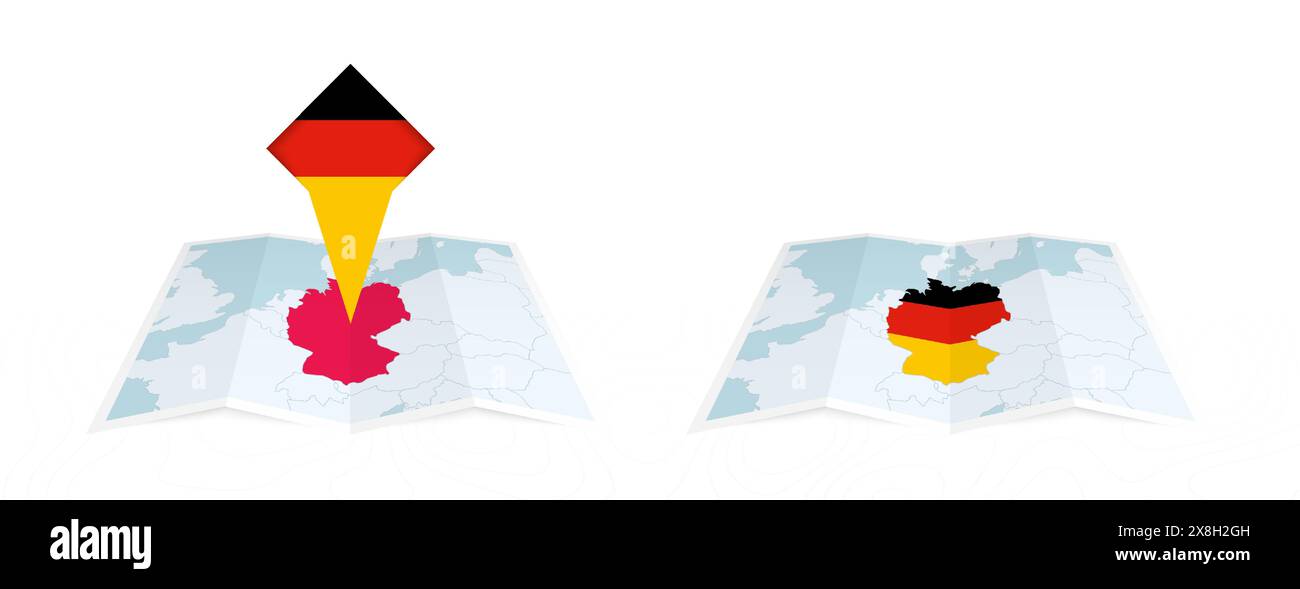 Two versions of an Germany folded map, one with a pinned country flag ...
