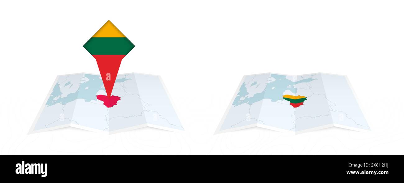 Two versions of an Lithuania folded map, one with a pinned country flag ...