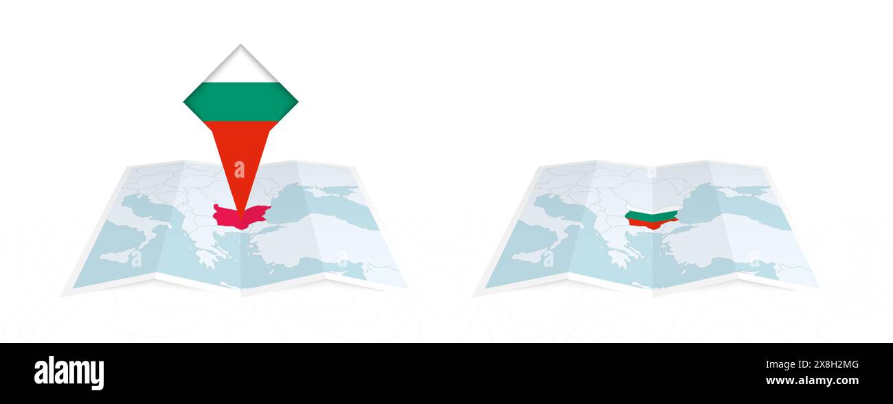 Two versions of an Bulgaria folded map, one with a pinned country flag ...