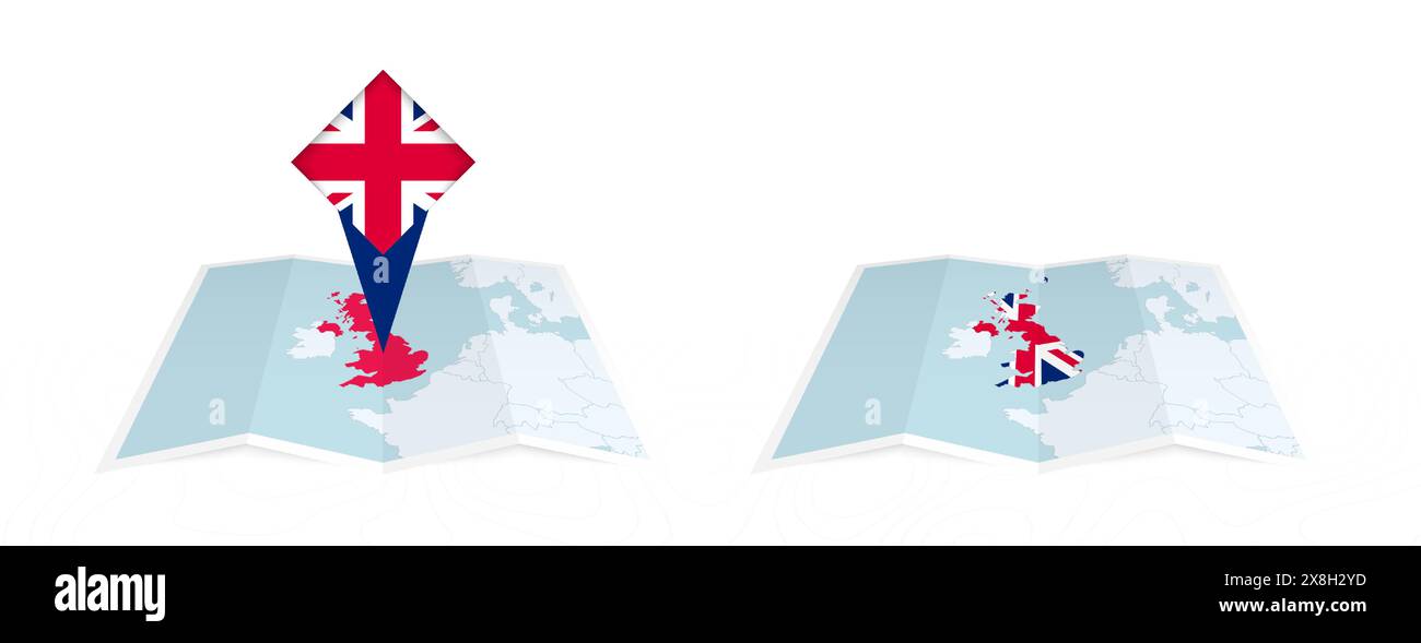 Two versions of an United Kingdom folded map, one with a pinned country ...