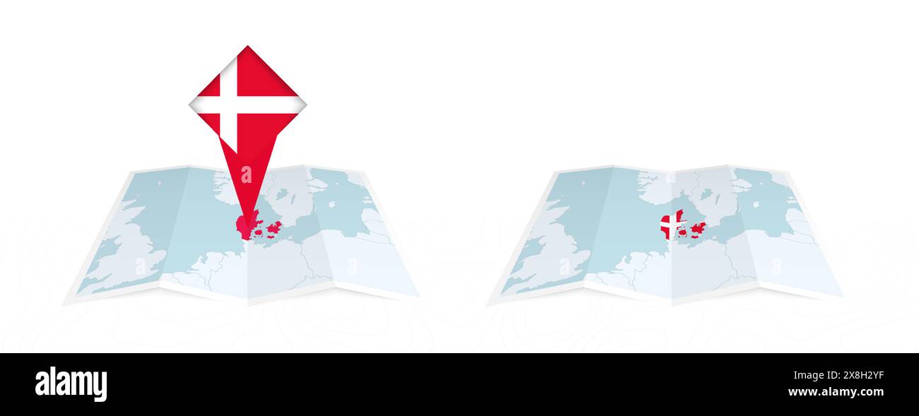 Two versions of an Denmark folded map, one with a pinned country flag ...