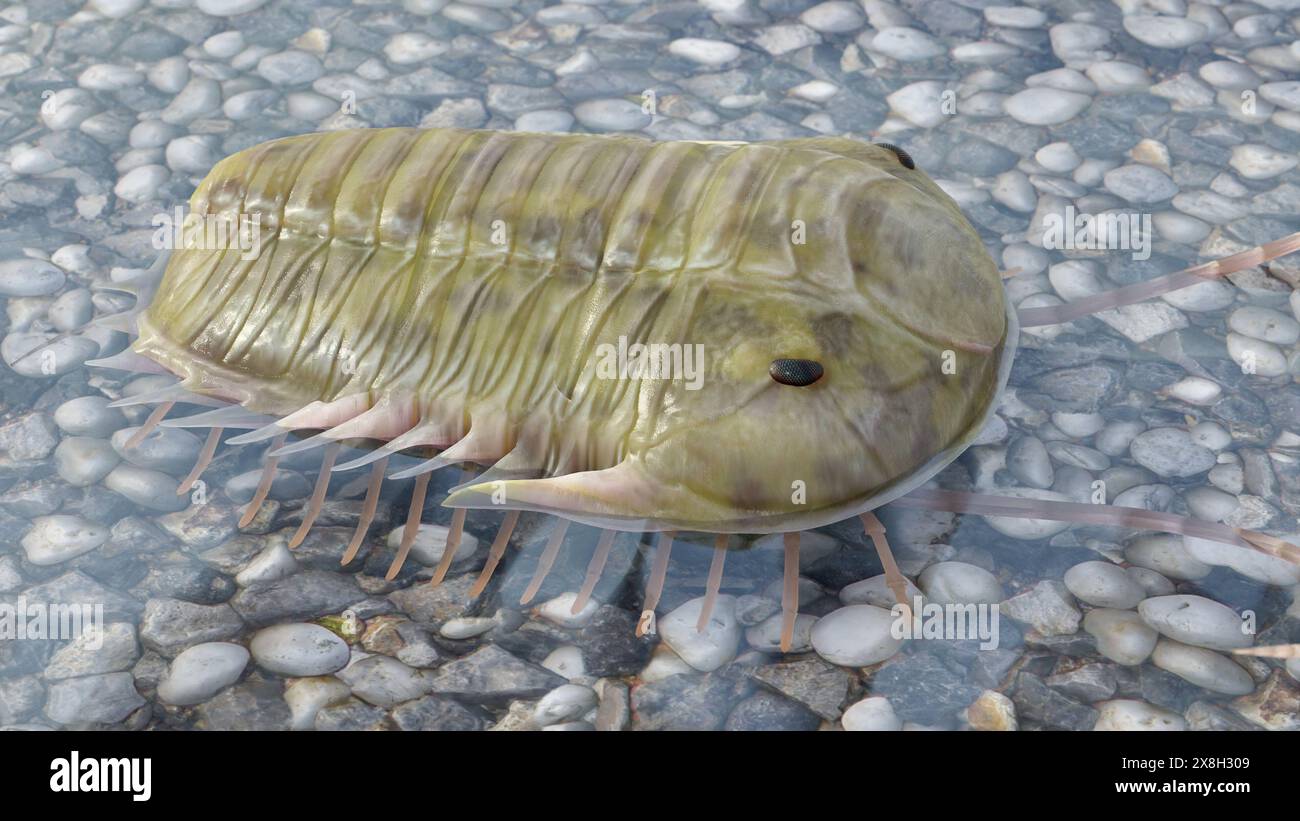 A 3D illustration of the extinct Trilobite Paradoxides on a pebble ...