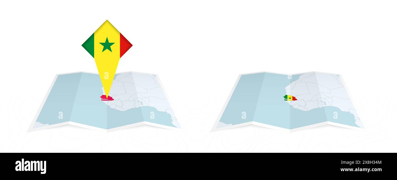 Two versions of an Senegal folded map, one with a pinned country flag ...