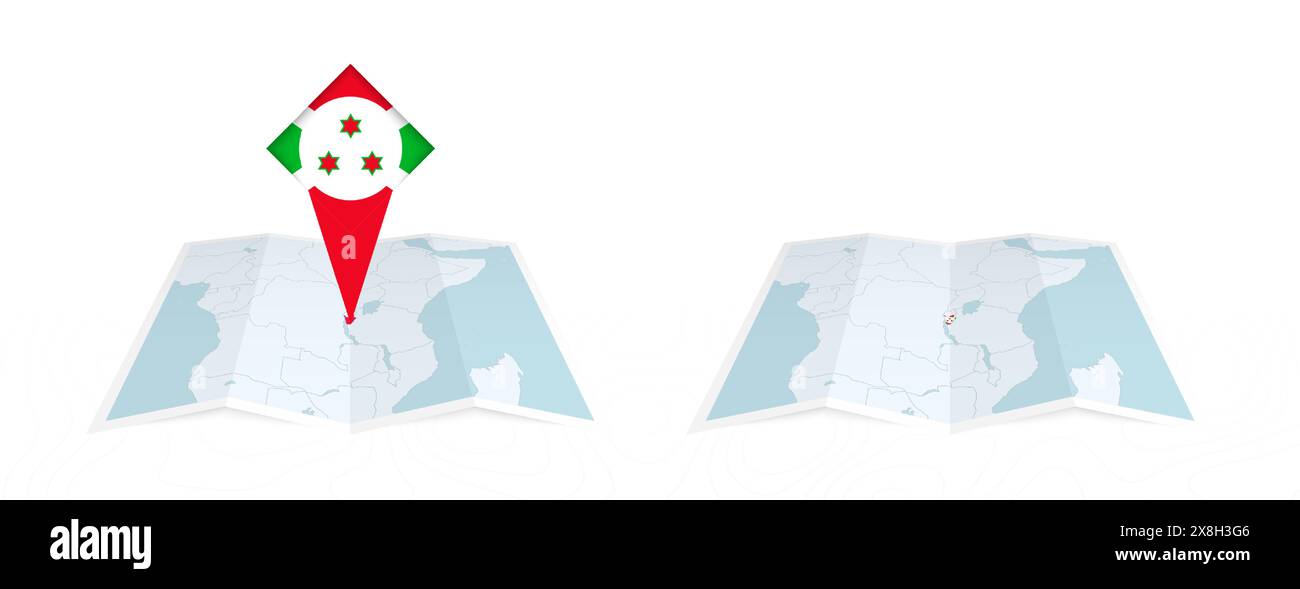 Two versions of an Burundi folded map, one with a pinned country flag ...