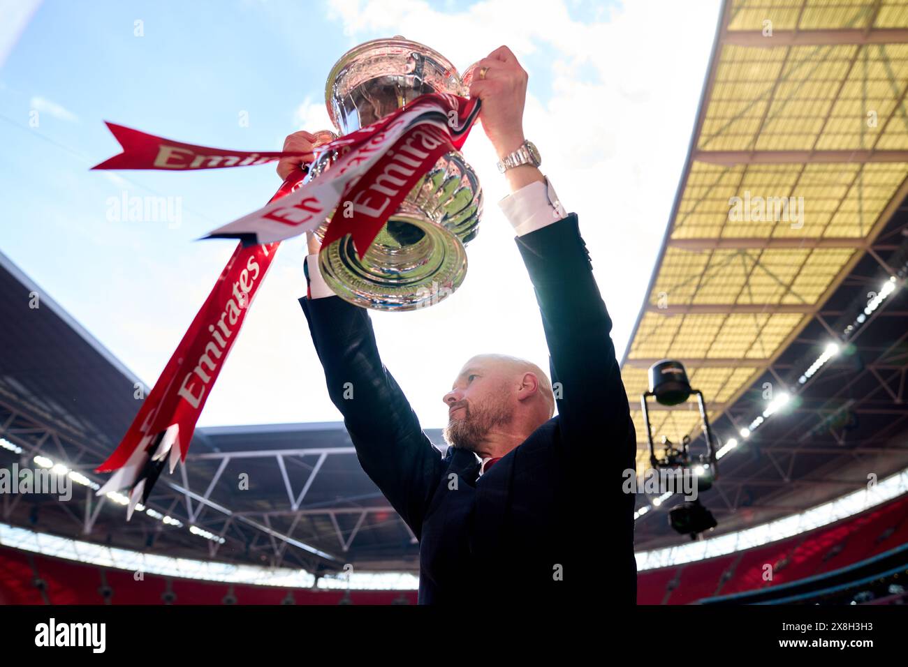 Manchester United manager Erik ten Hag celebrates with the FA Cup ...